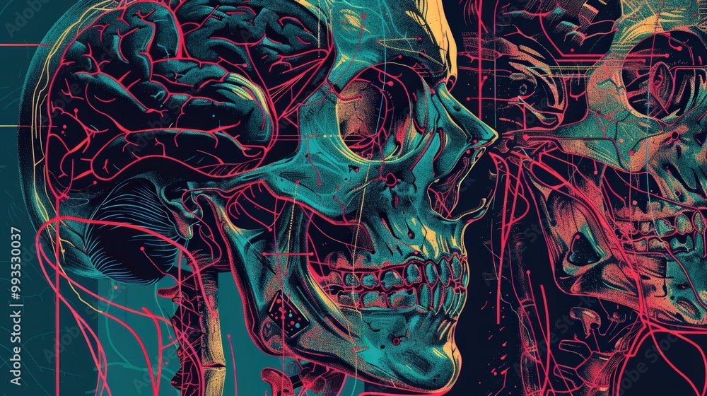 Stock-Illustration „Human skeleton face anatomy with brain, teeth, jaw ...