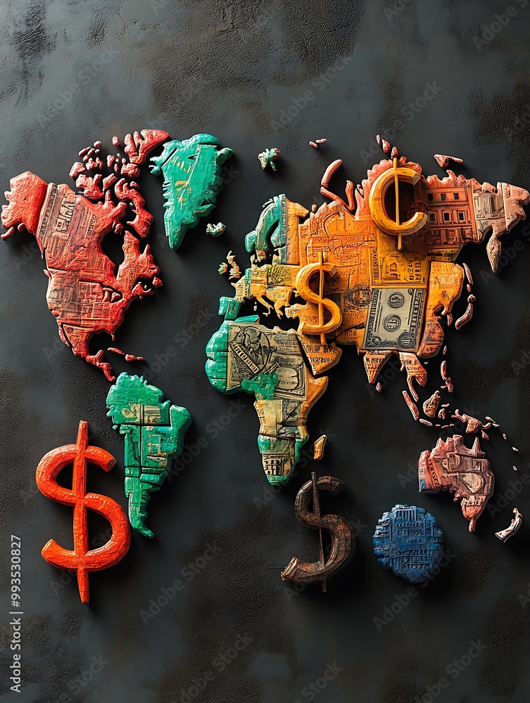 World Map with Currency Symbols A 3D model of a world map where each ...
