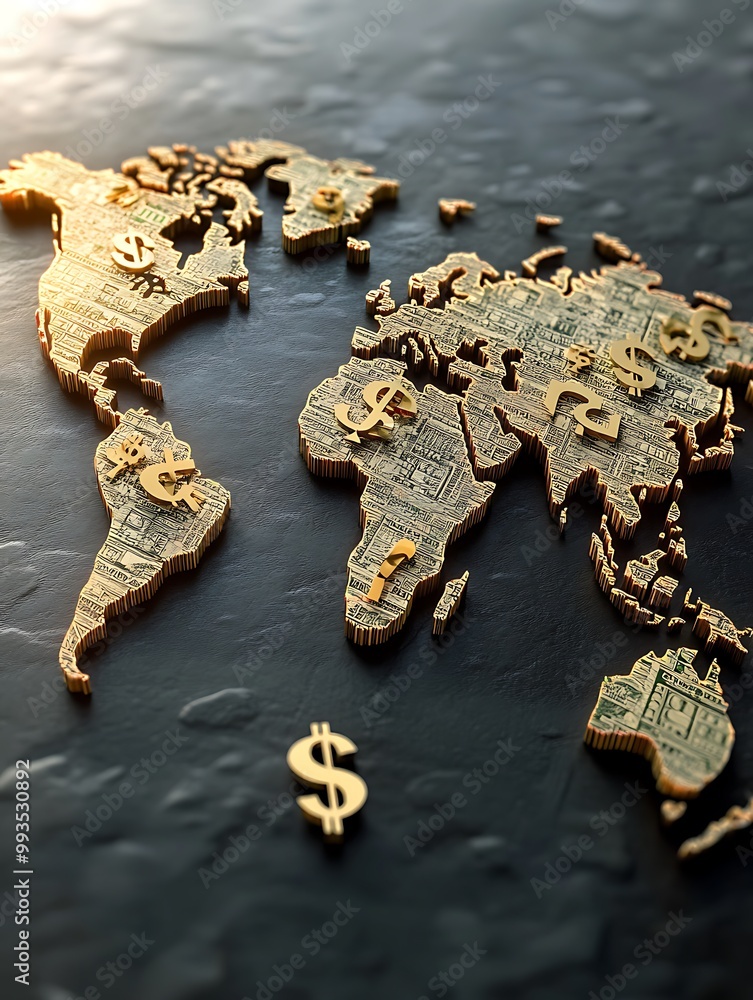 Stock-Illustration „World Map with Currency Symbols A 3D model of a ...