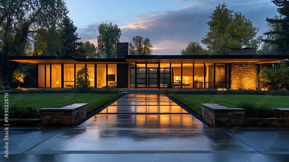 Mid-century modern ranch house with symmetrical design, large windows ...