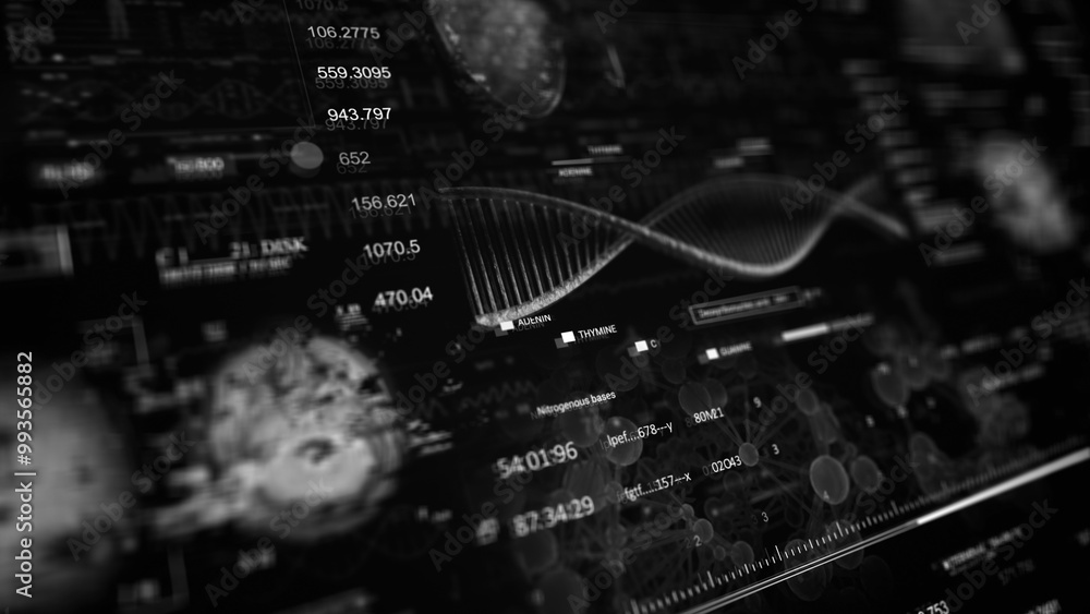screen MRI x ray Scan, DNA chemistry structure formula. Medical monitor ...