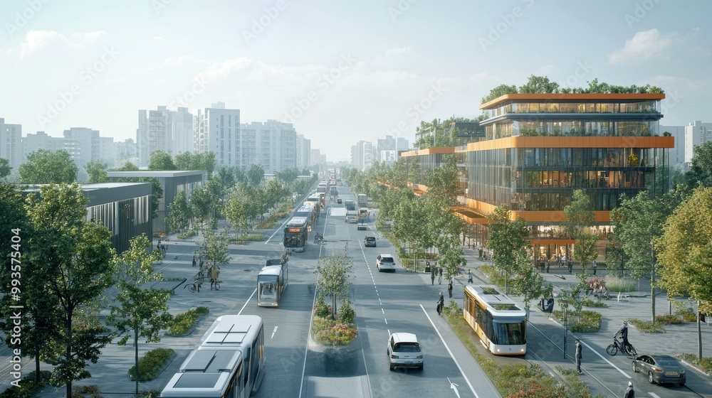 Expansive overview of a sustainable urban mobility hub, with multimodal ...