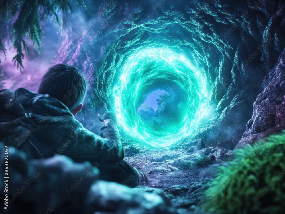 Mystical Cave Discovery Traveler Stumbles Upon Hidden Portal, Walls Glowing with Ancient Runes ...