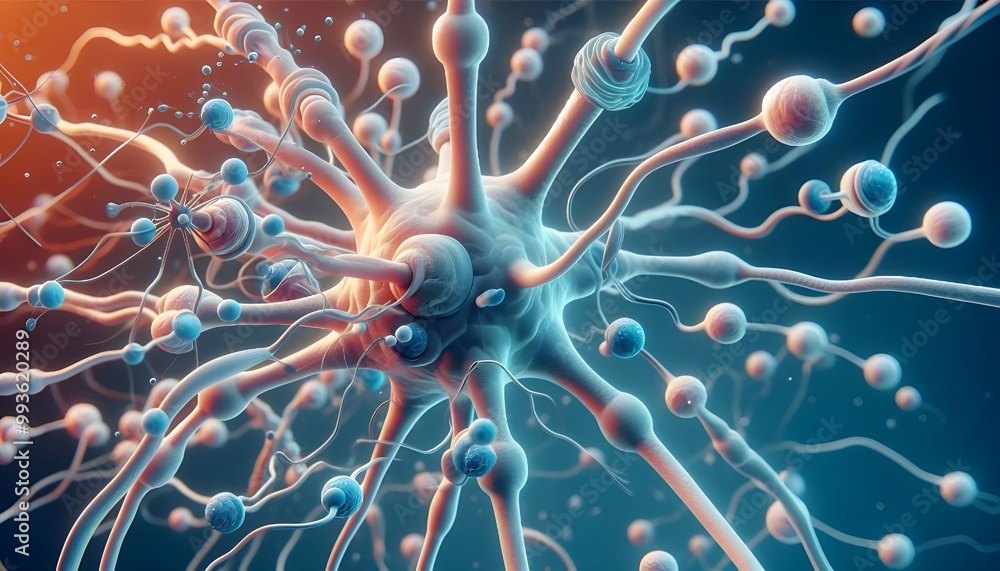 Synapse and neuron in 3D brain illustration. Explore neurotransmitter ...