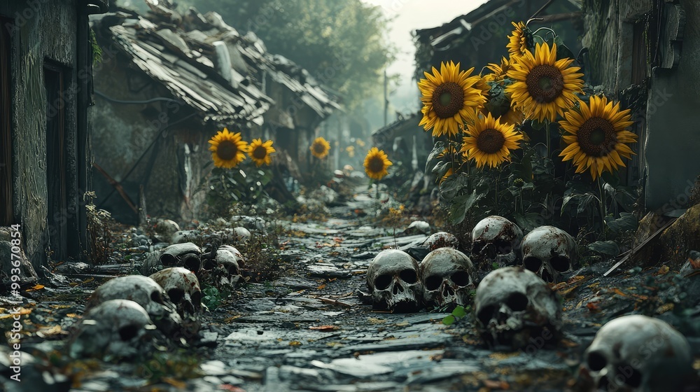 Strange village street with sunflowers towering over decayed skulls, a ...