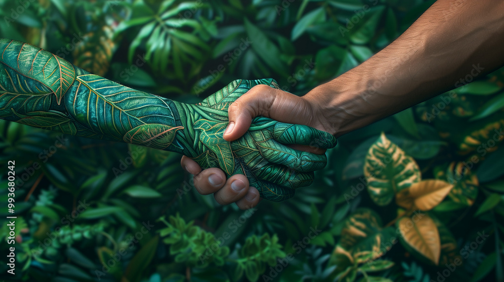 Human-Nature Handshake. A creative concept showing a human hand shaking ...