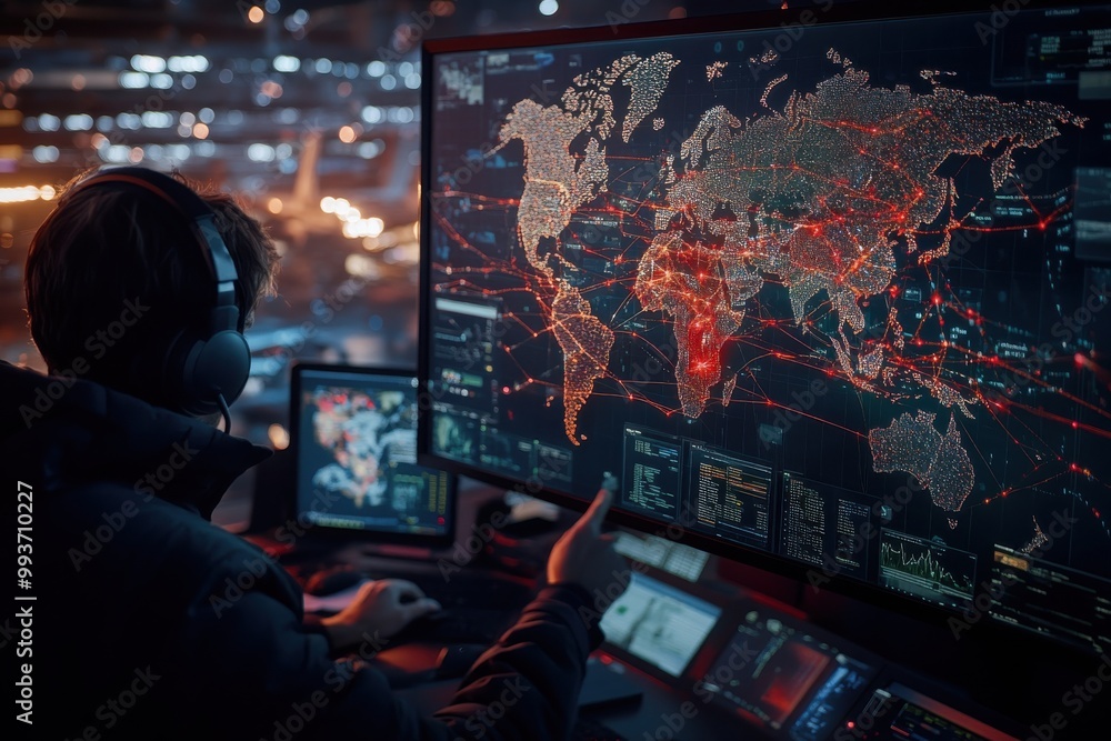 A high-tech workstation equipped with a large display showing a glowing ...