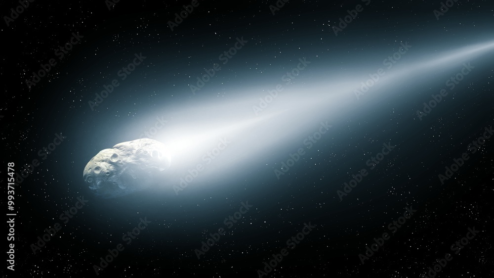 Comet glows in space. Formation of comet tail. Evaporation of gas from ...