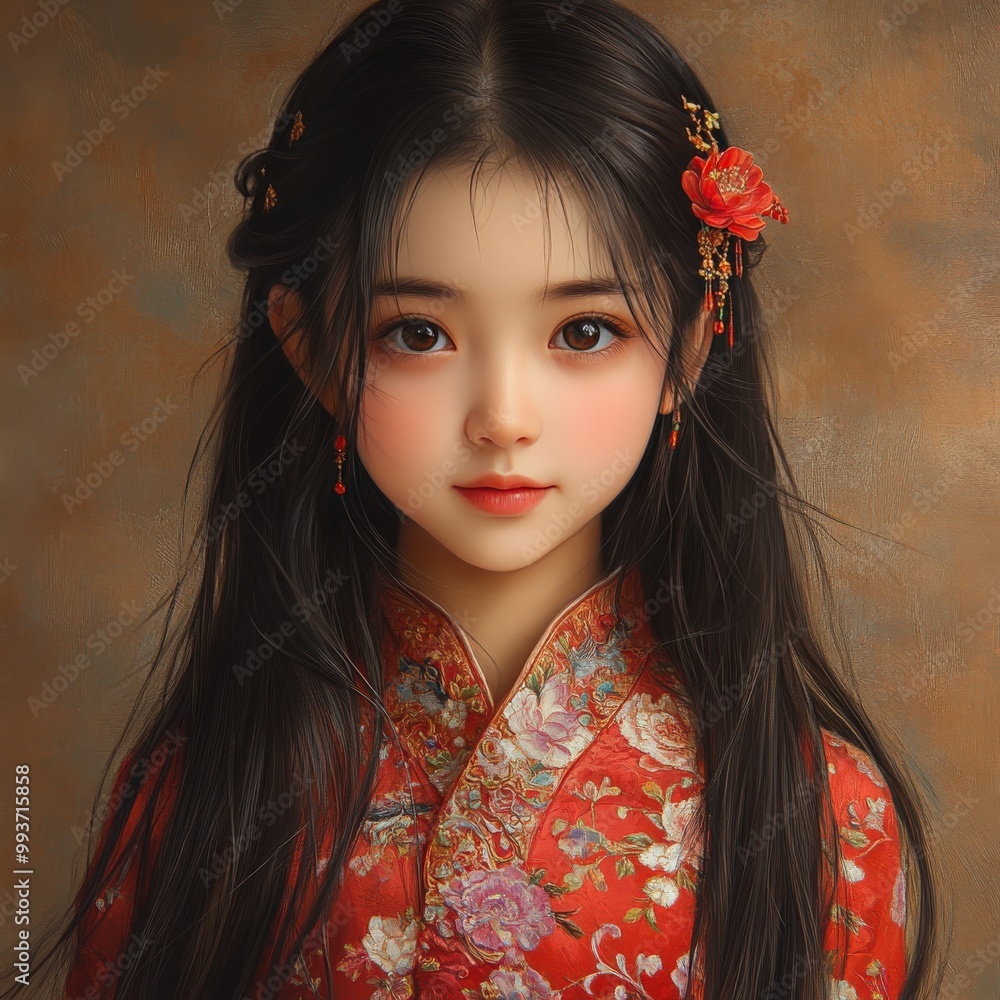 Hyper-realistic portrait of a young Chinese girl in traditional dress ...
