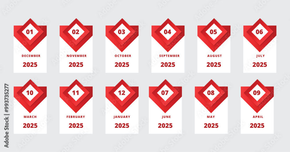 Red Calander 2025 With Month And Date Number Template. Mock Up, Layout ...