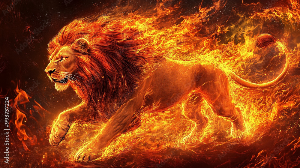 A full-body view of a lion with glowing fire flames on burning ...