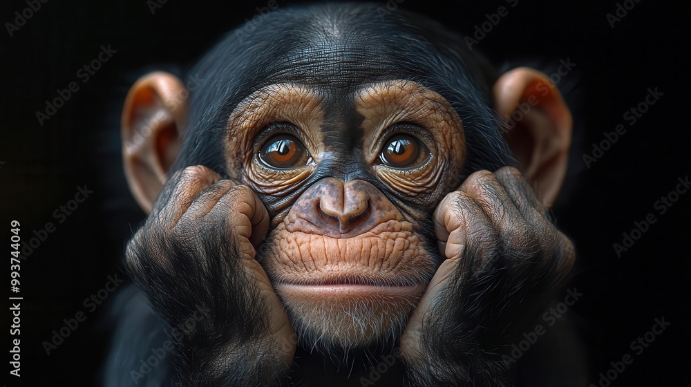 closeup of a contemplative monkey with its hands on its face capturing ...
