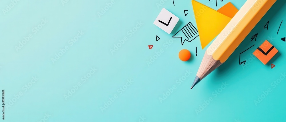 Creative explosion of colors and symbols from a pencil, symbolizing ...