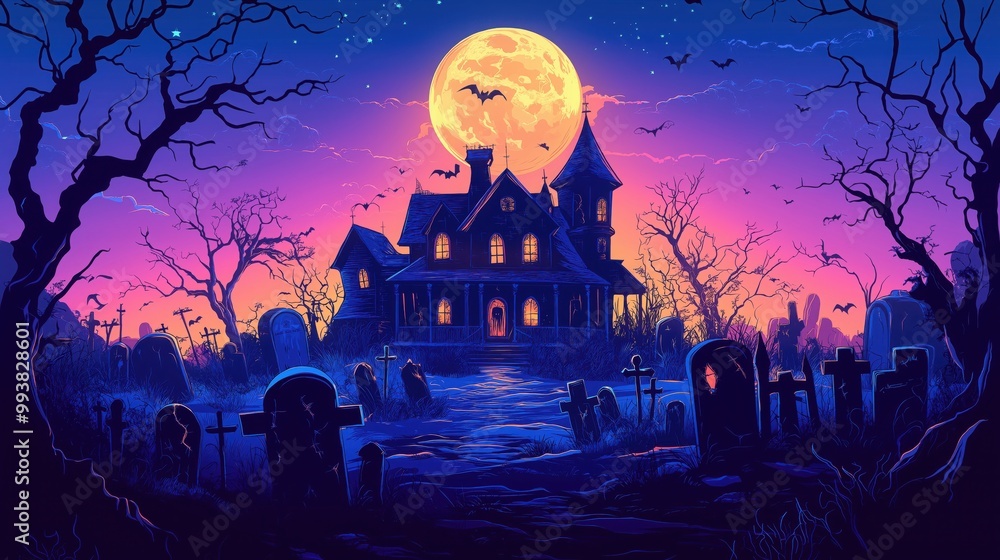 Description flat illustration of a Halloween background with a haunted ...
