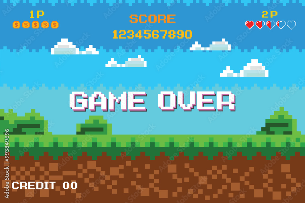 Game Over, players. pixel game background, natural landscape with blue ...