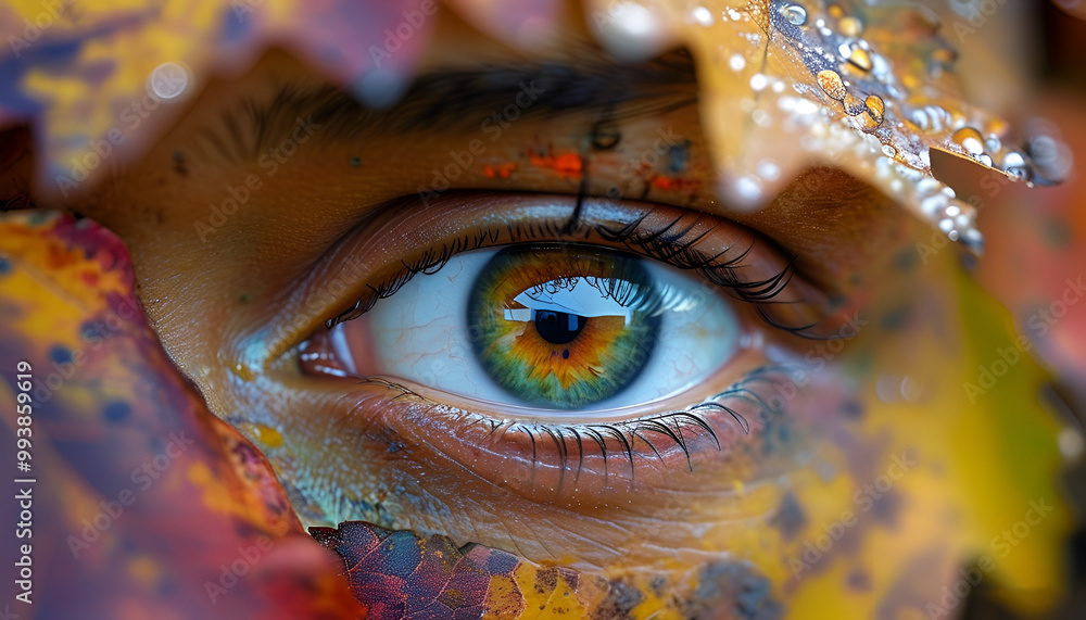 Primer plano de un ojo con los colores del otoño. Plano de cerca del ...
