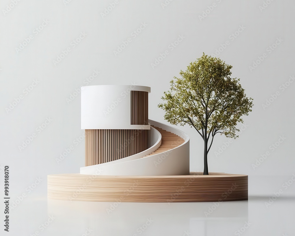 Conceptual 3D building model with a spiral structure in white and wood ...