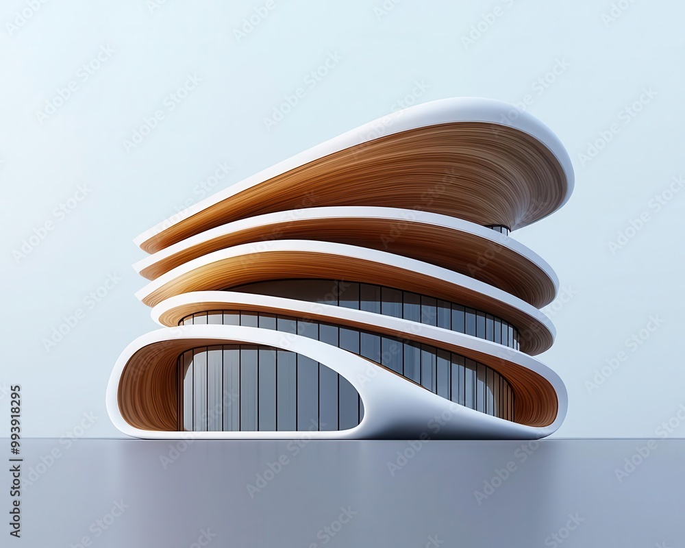 Curved 3D building form with a white base and organic wooden extensions ...
