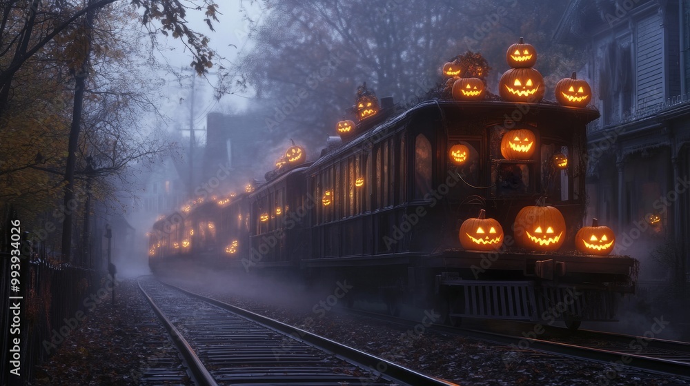 Haunted Halloween ghost train in an American town eerie fog surrounding ...