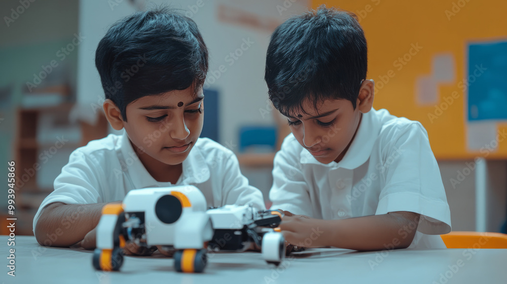 two modern small indian students doing a robotic project. the students ...