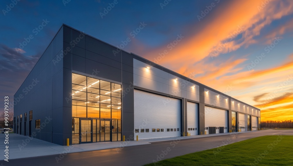 Modern industrial warehouse building at sunset with vibrant sky and ...