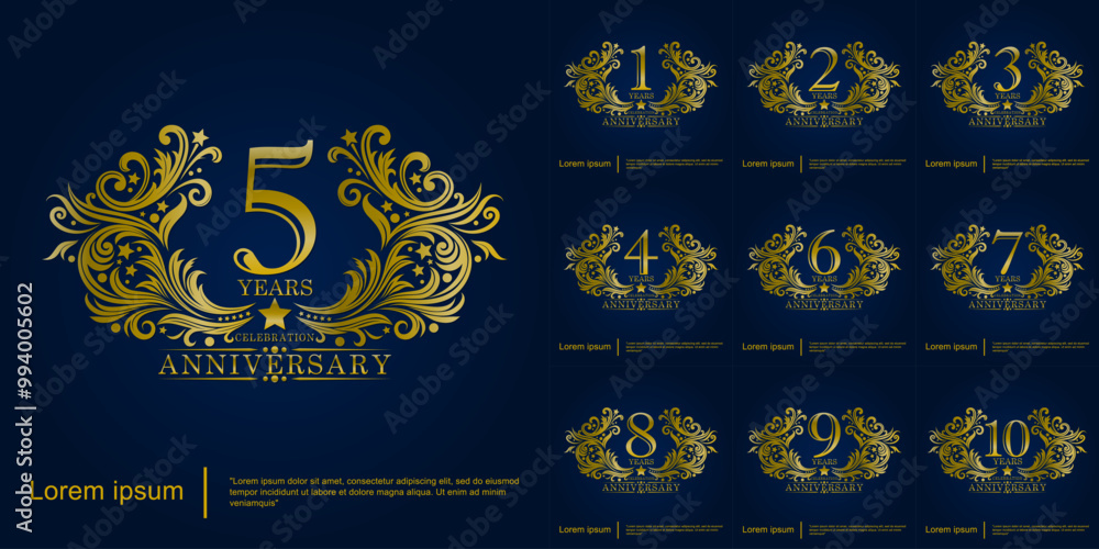 Set of 1-10 years elegant golden anniversary celebration emblem logo ...