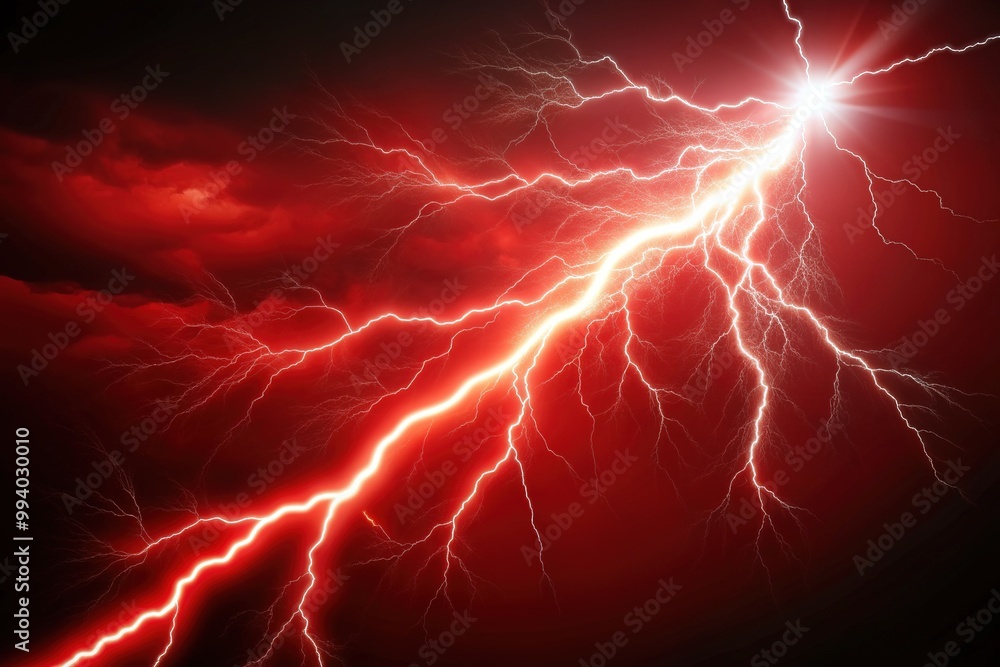 Dramatic red lightning bolt with white streak against dark background ...