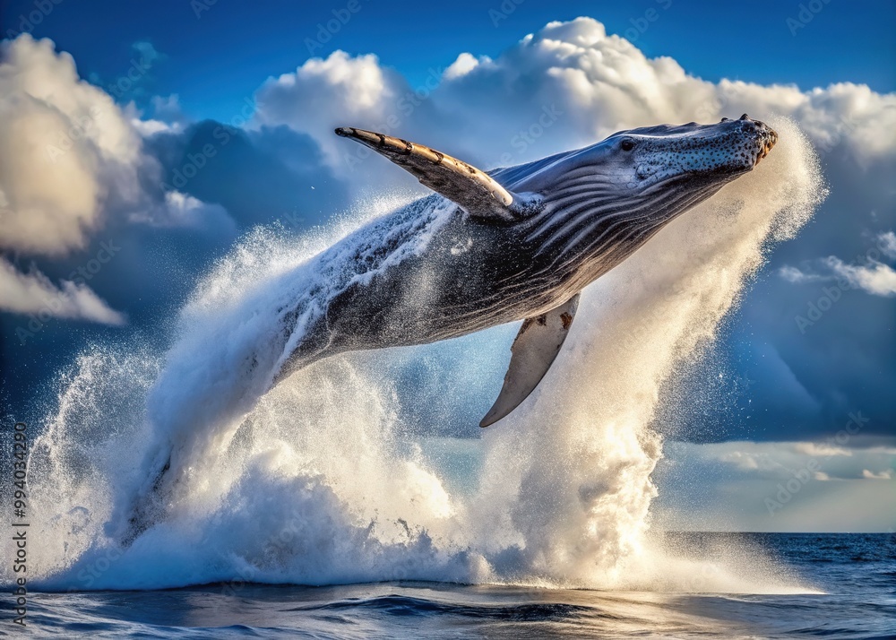 Majestic humpback whale breaches ocean surface, its massive body ...