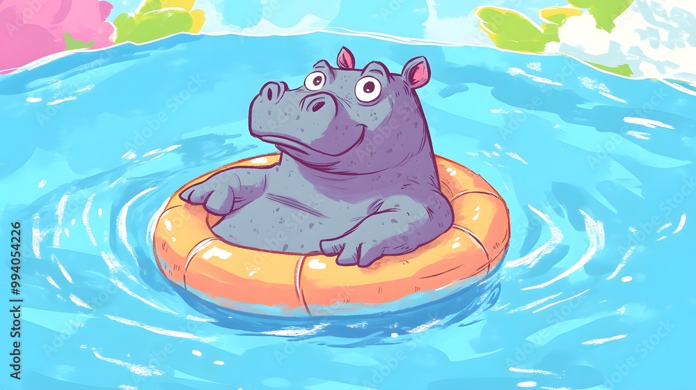 Cartoonish hand-drawn hippo character floating in a pool, wearing a ...
