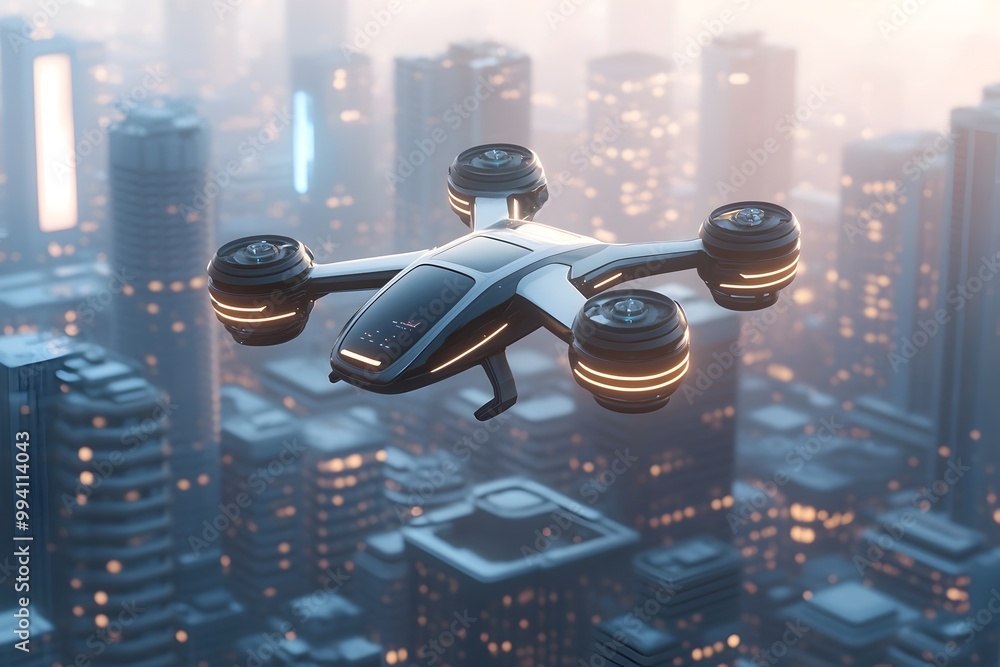 Sleek aerodynamic personal flying craft soaring effortlessly over a ...