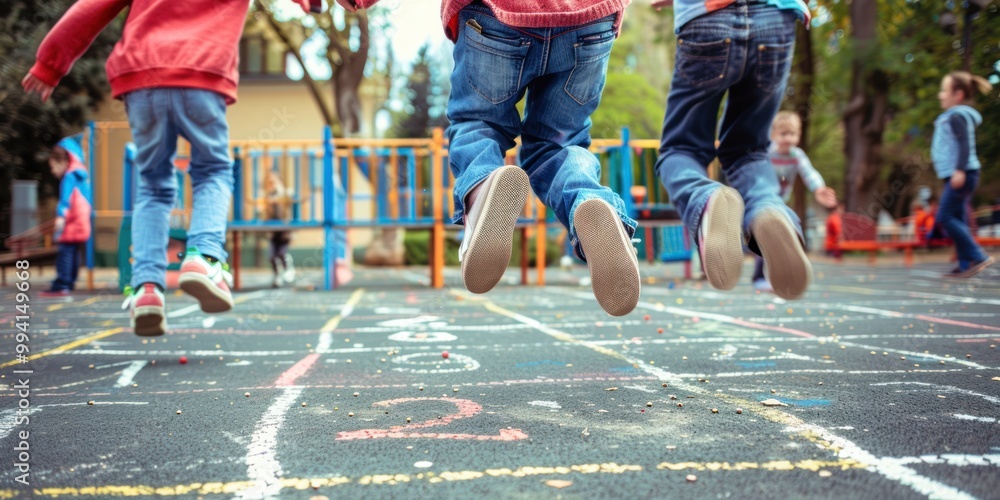 Children jumping and playing hopscotch on a playground with chalk lines ...