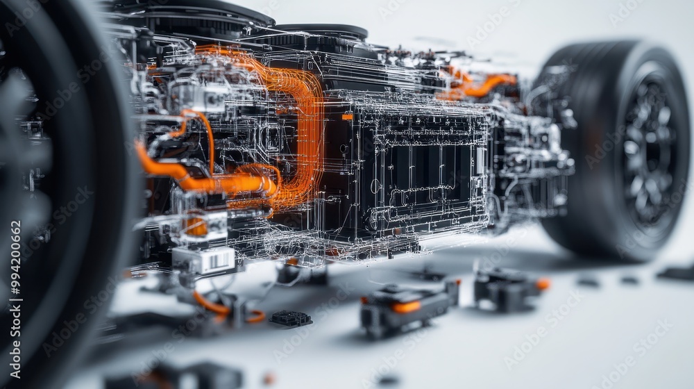 Industrial wireframe featuring a lithiumion battery pack, motor wiring ...