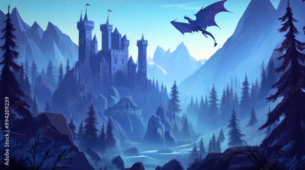 Dark and eerie castle with a soaring dragon in a canyon surrounded by ...