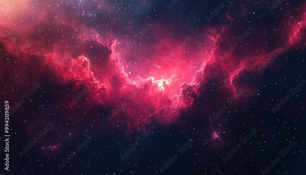 Fantasy illustration featuring a vibrant red nebula in a cosmic space ...