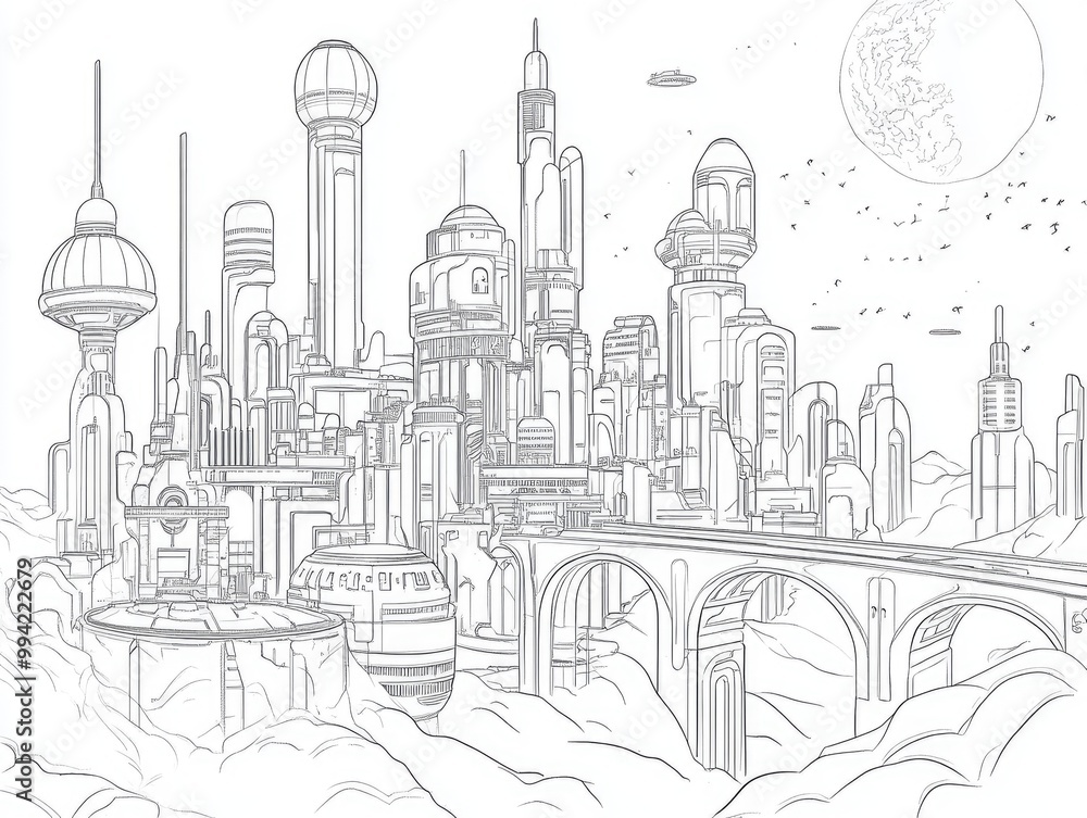 Line art illustration of architectural structures for a fictional city ...