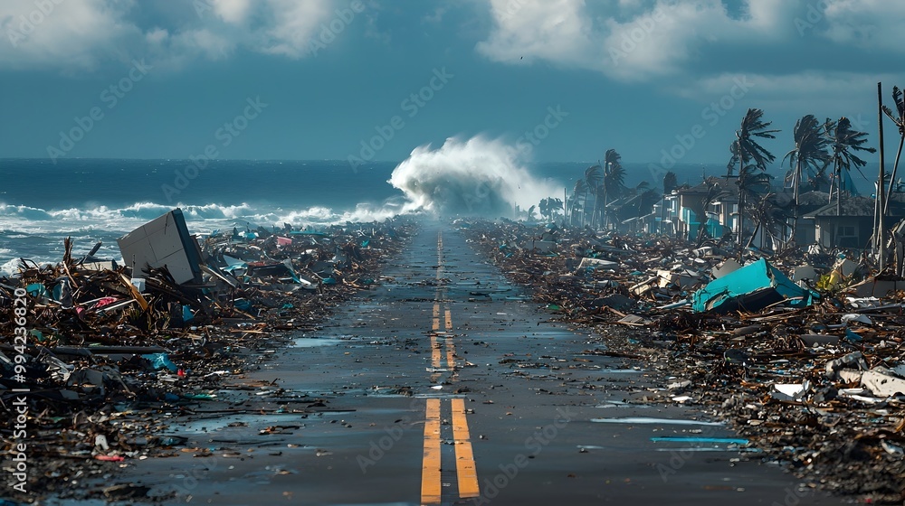 Devastated coastal road with debris and wreckage scattered everywhere ...