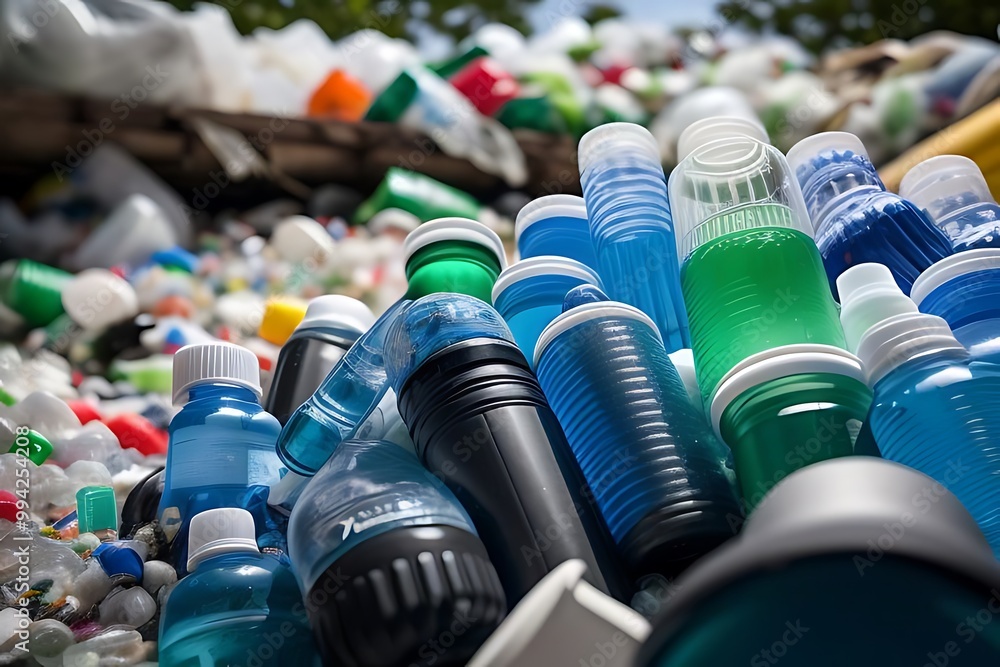 Close-up of a pile of plastic bottles, cups, and various recyclables in ...