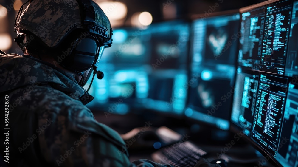 A soldier in a designated control room using advanced computer systems ...