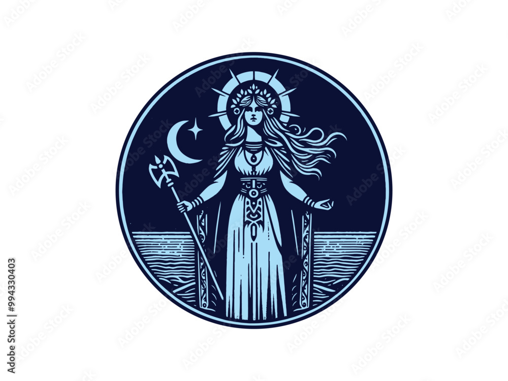 Scandinavian goddess Freya. Blue vintage engraving emblem. Vector ...