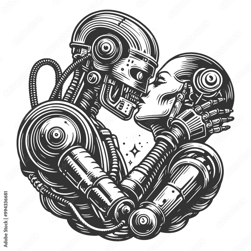 two retro-style robots kissing, intricate mechanical details and a ...