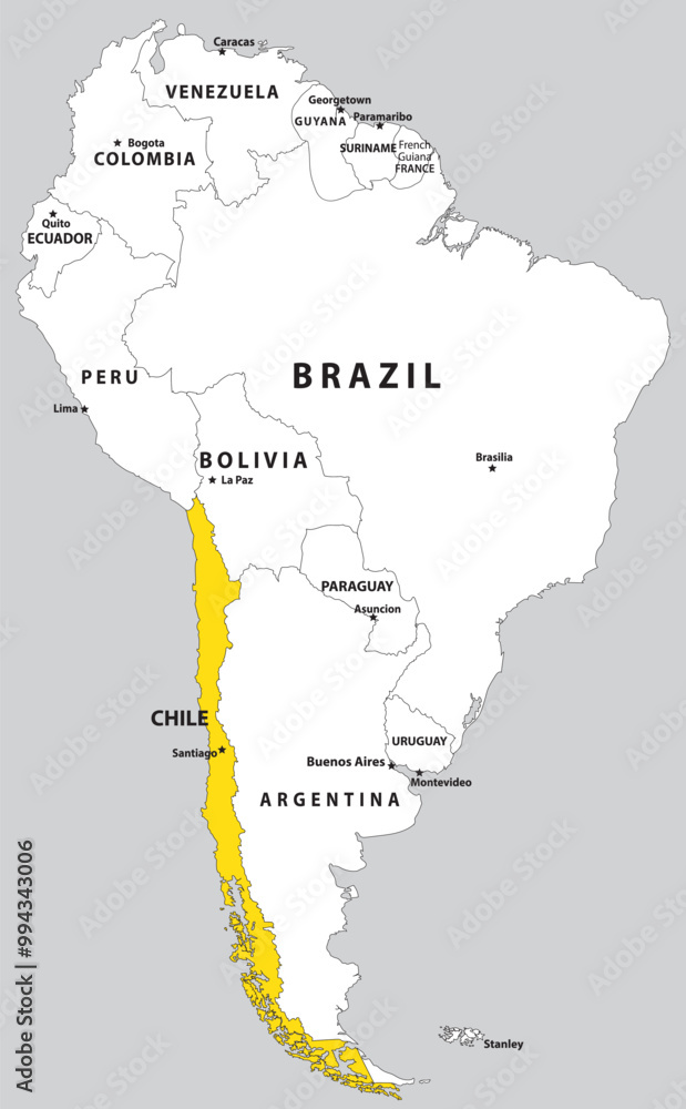 Highlighted map of CHILE inside detailed blank flat political map of ...