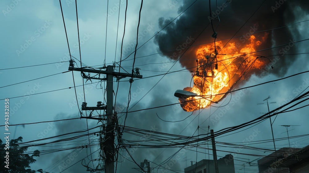 Electrical wires on an electricity pole caught fire because of a surge ...
