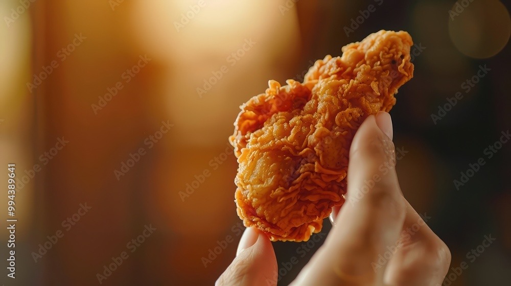 Crispy fried chicken piece held by hand, highlighting its golden ...