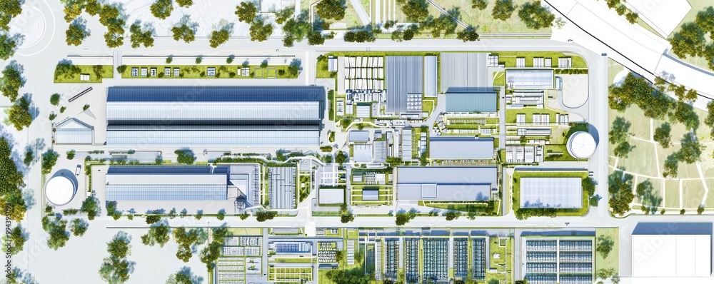 Architectural plan of a zero-waste industrial park, detailing recycling ...