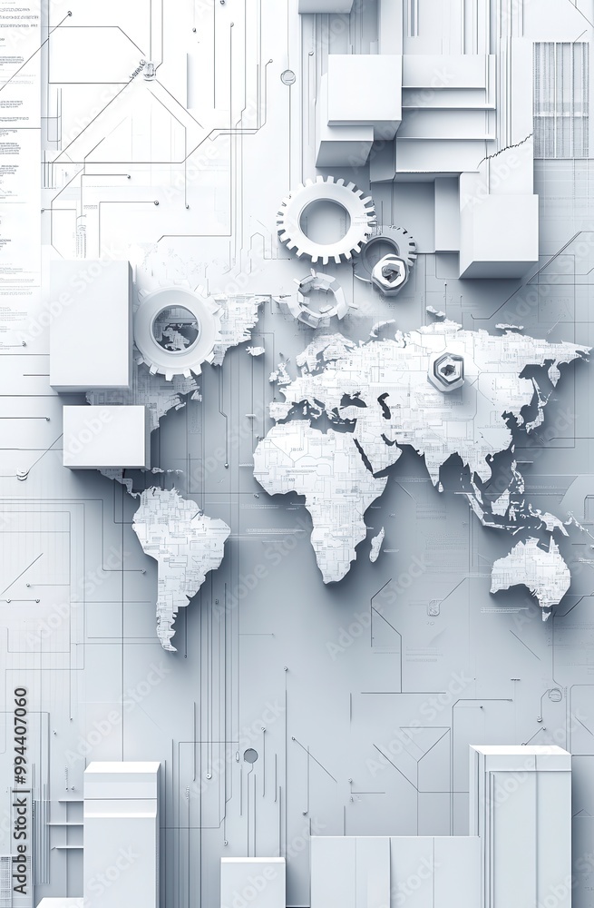Abstract 3D world map with geometric shapes and gears in white tones ...