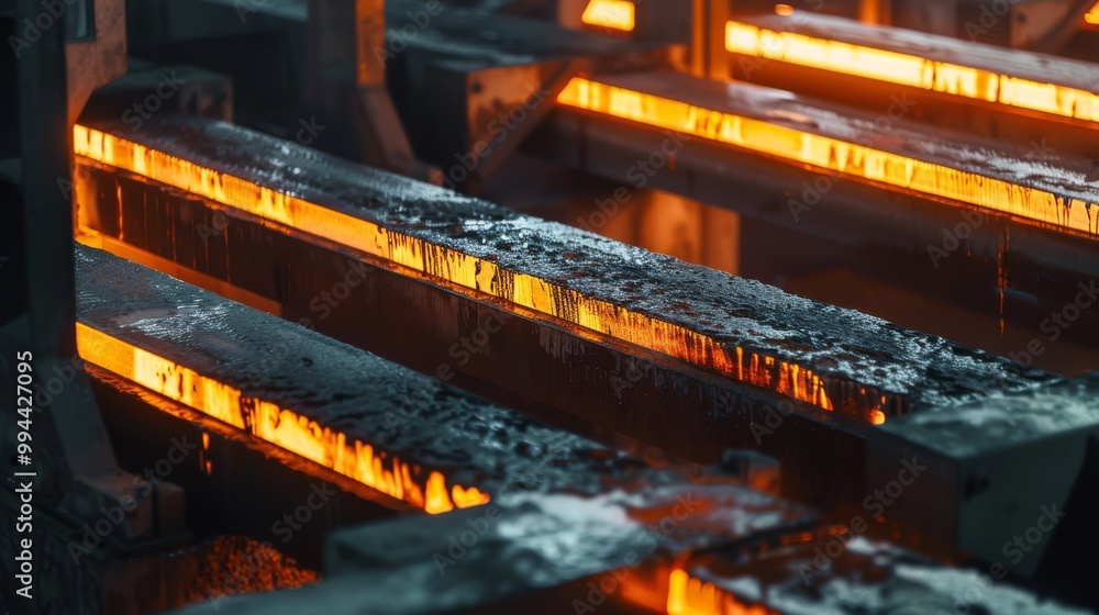 Bright orange-hot steel bars are cooling on industrial rollers in a ...