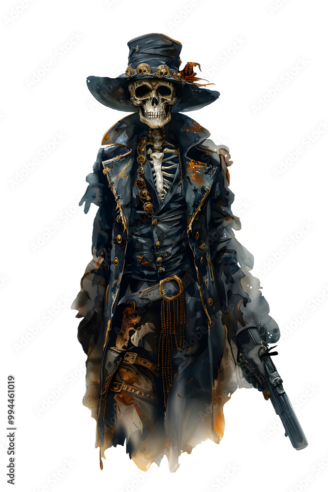Halloween skeleton cowboy ranger portrait in a black hat and jacket ...