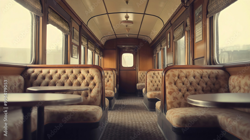 Old train interior, vintage railway carriage, retro wooden seats, empty ...