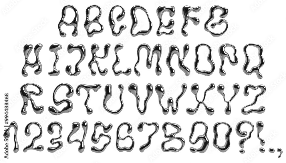 3d chrome liquid font. Silver bubble typeface. Liquid metal letters and ...