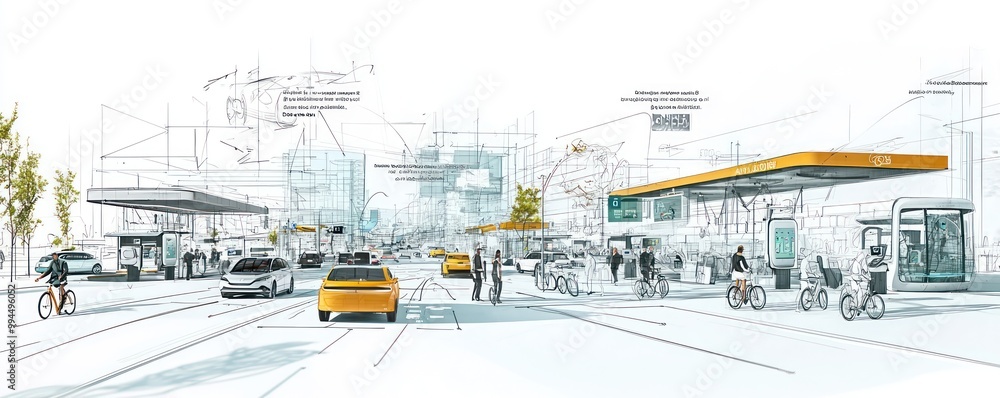 Technical drawing for a smart urban mobility hub, detailing autonomous ...